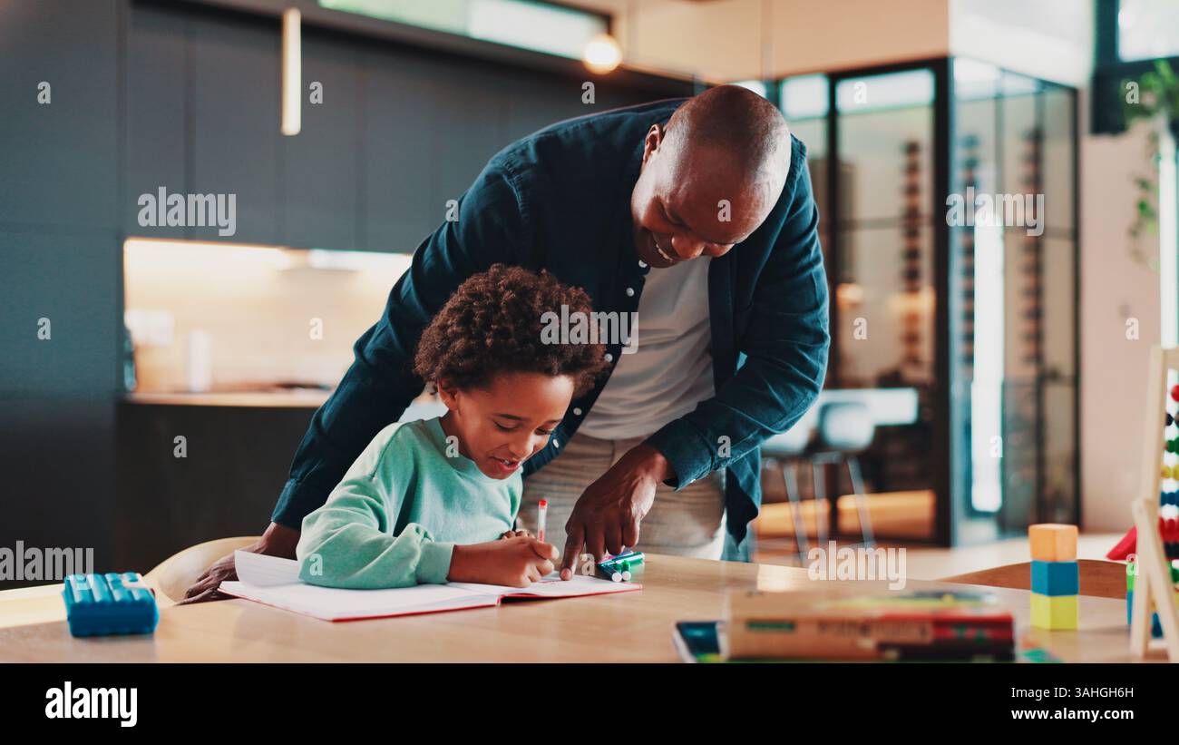Black family, father and child with homework in home for school ...