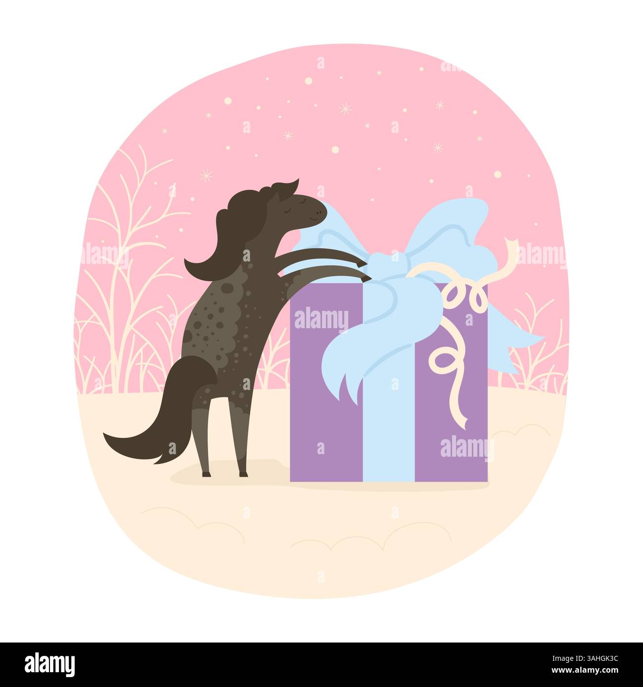 Horse with surprise gift box winter landscape cartoon vector ...
