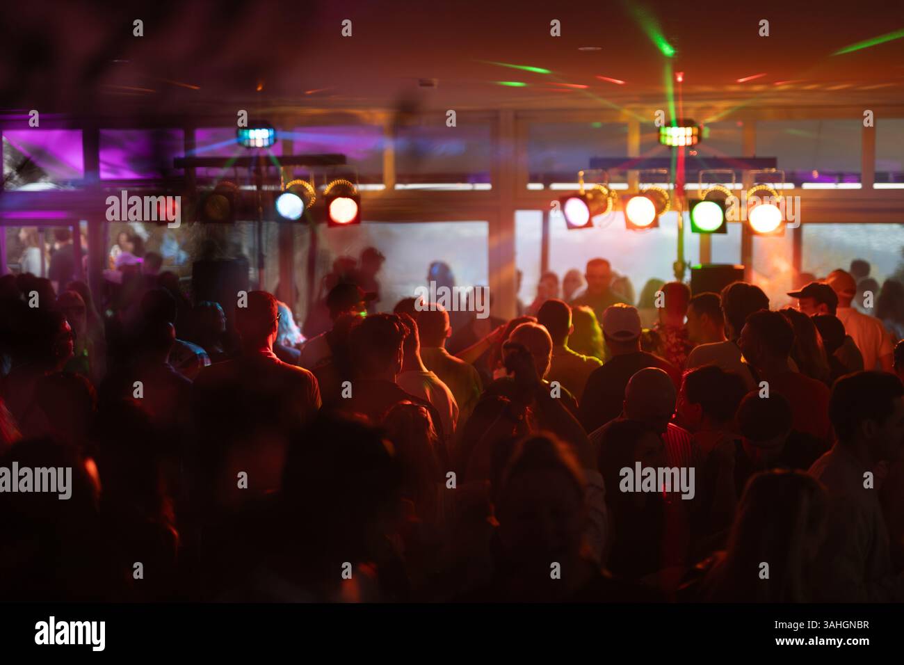 People with raised hands, in disco, silhouettes of concert crowd in ...