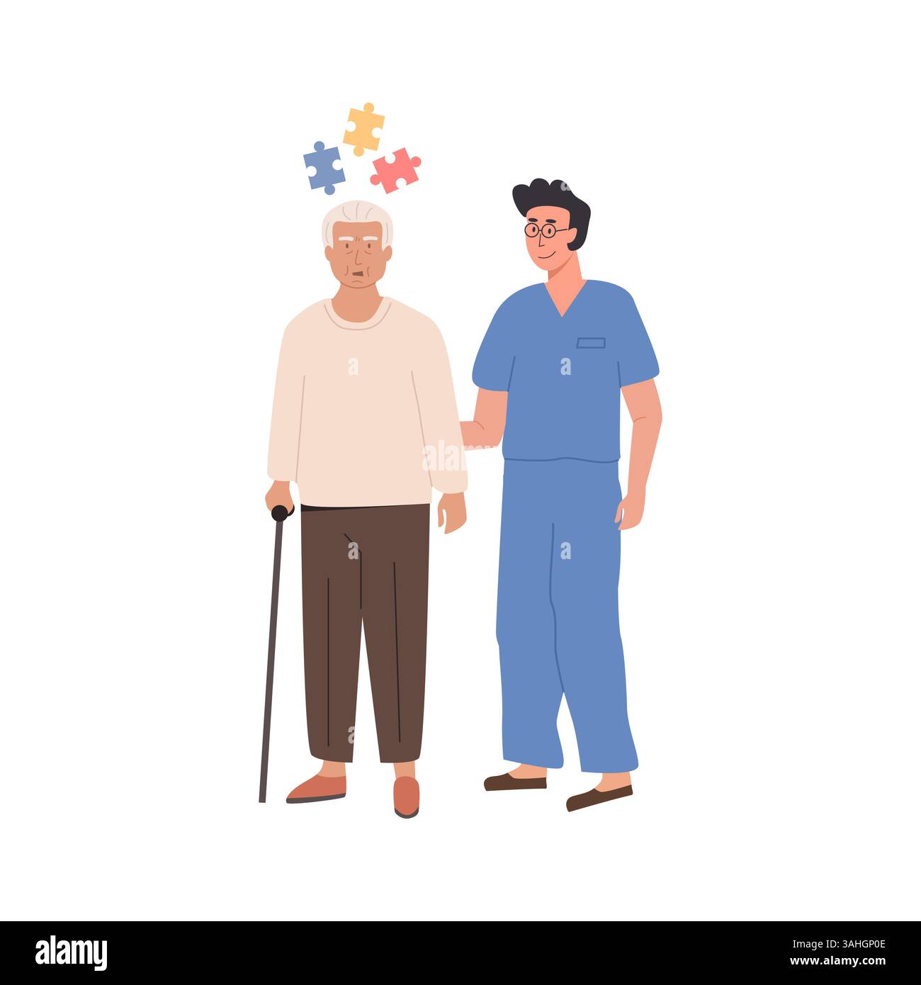 Elderly man with cognitive decline and memory impairment supported by a ...