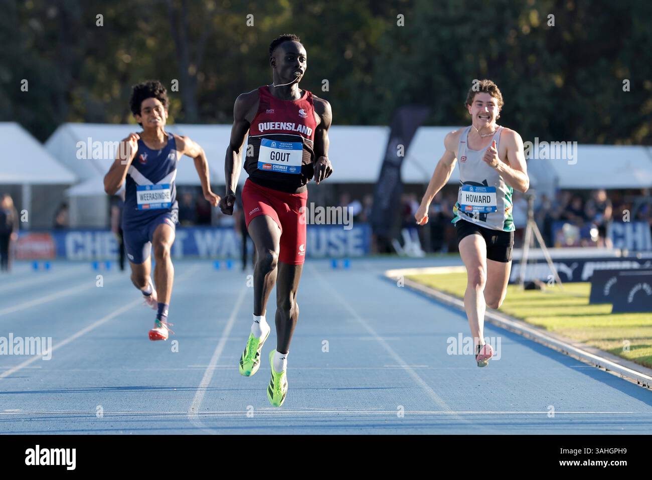 Perth, Australia. 10th Apr, 2025. Gout Gout wins the Men's 100m Under 20's heat during the 2025 ...