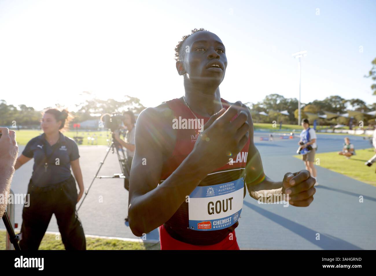 Perth, Australia. 10th Apr, 2025. Gout Gout leaves a press conference after winning the Men's ...