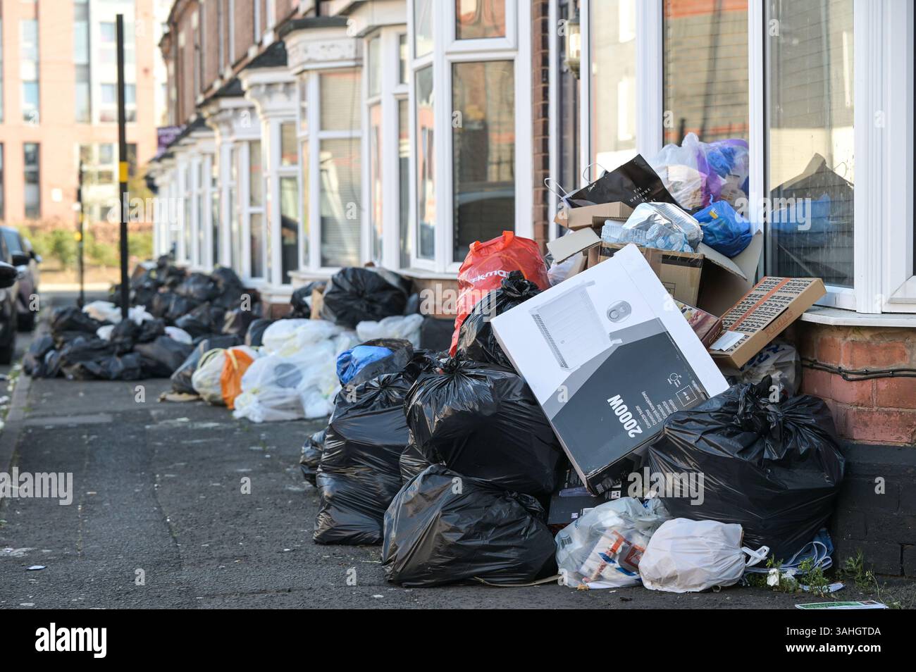 Dale Road, Selly Oak, Birmingham, 10th April 2025: Overflowing bin bags ...