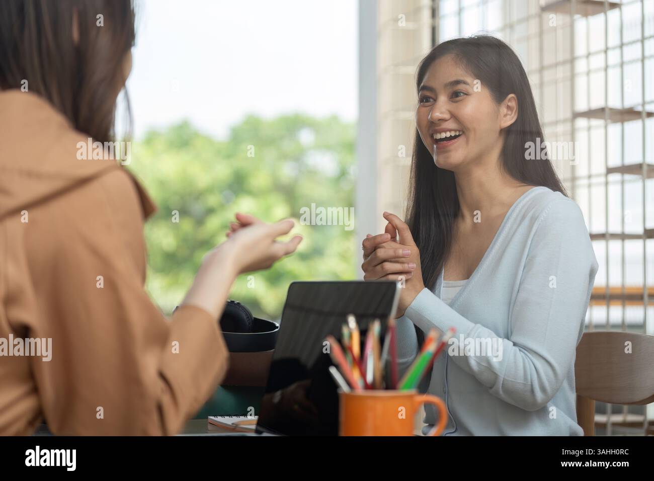 Collaboration and Study Session. Two students engaged in an animated ...