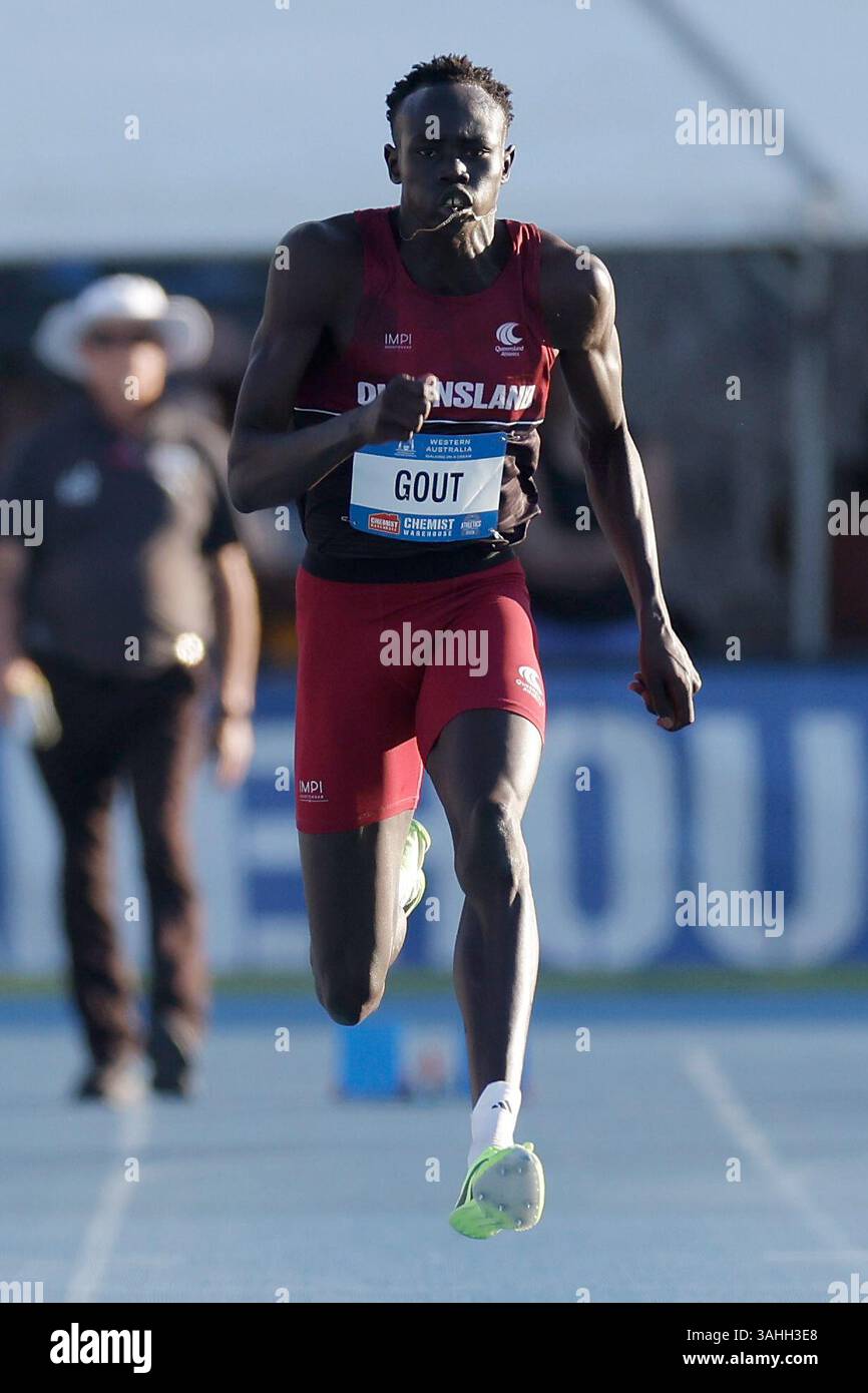 Perth, Australia. 10th Apr, 2025. Gout Gout wins the Men's 100m Under 20's heat during the 2025 ...