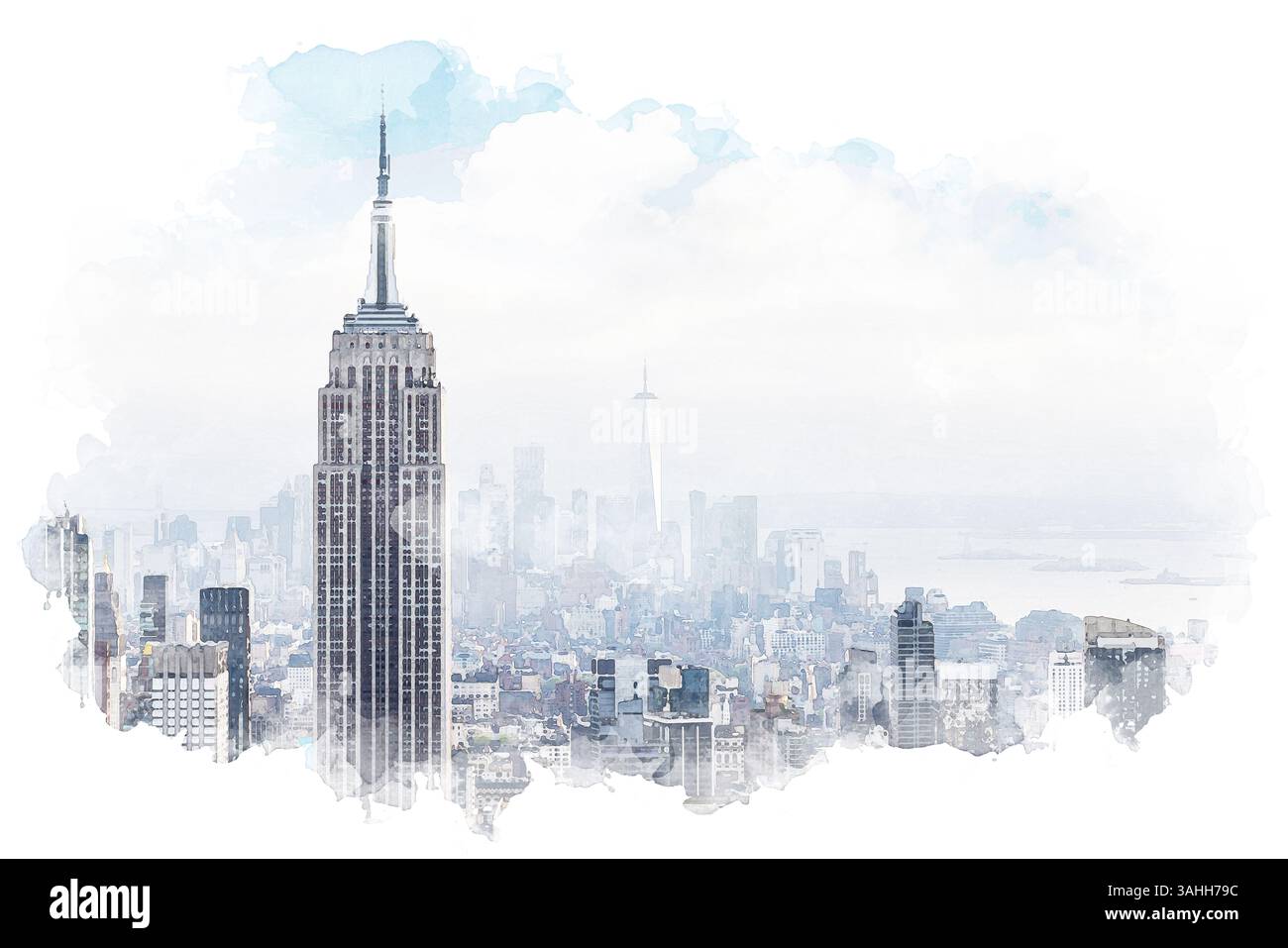 Artistic stylized watercolor drawing of New York City skyline, blending ...