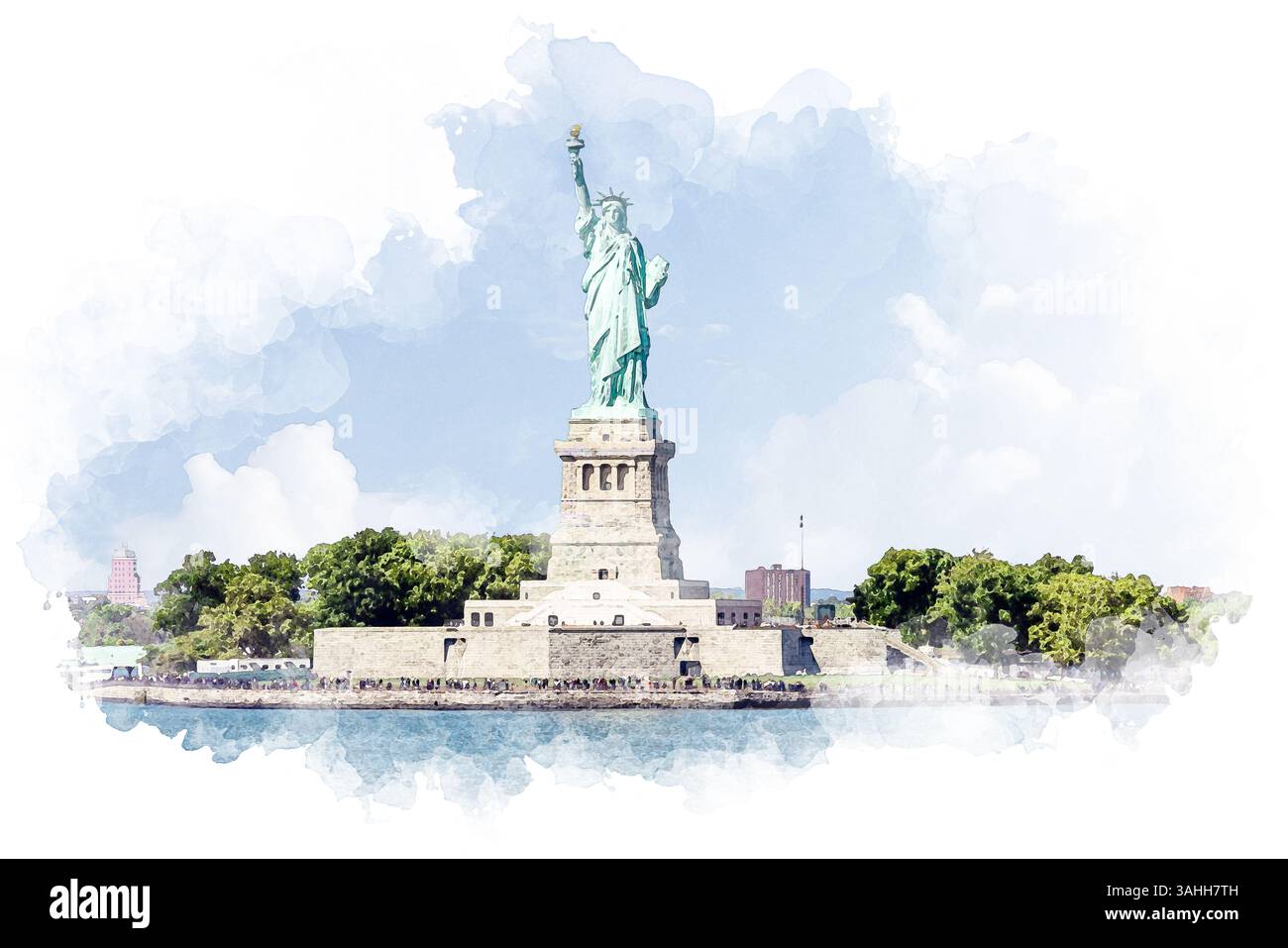 Stylized watercolor drawing of the Statue of Liberty, featuring soft ...