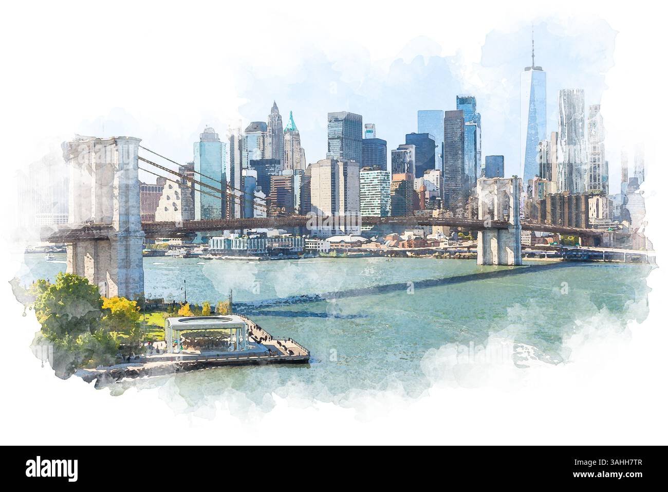 Artistic stylized watercolor drawing of New York City skyline, blending ...