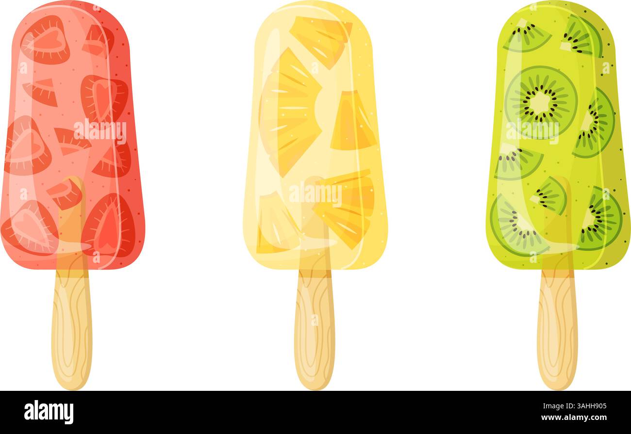 Fruity popsicles strawberry, pineapple, and kiwi. Hand drawn flat style ...