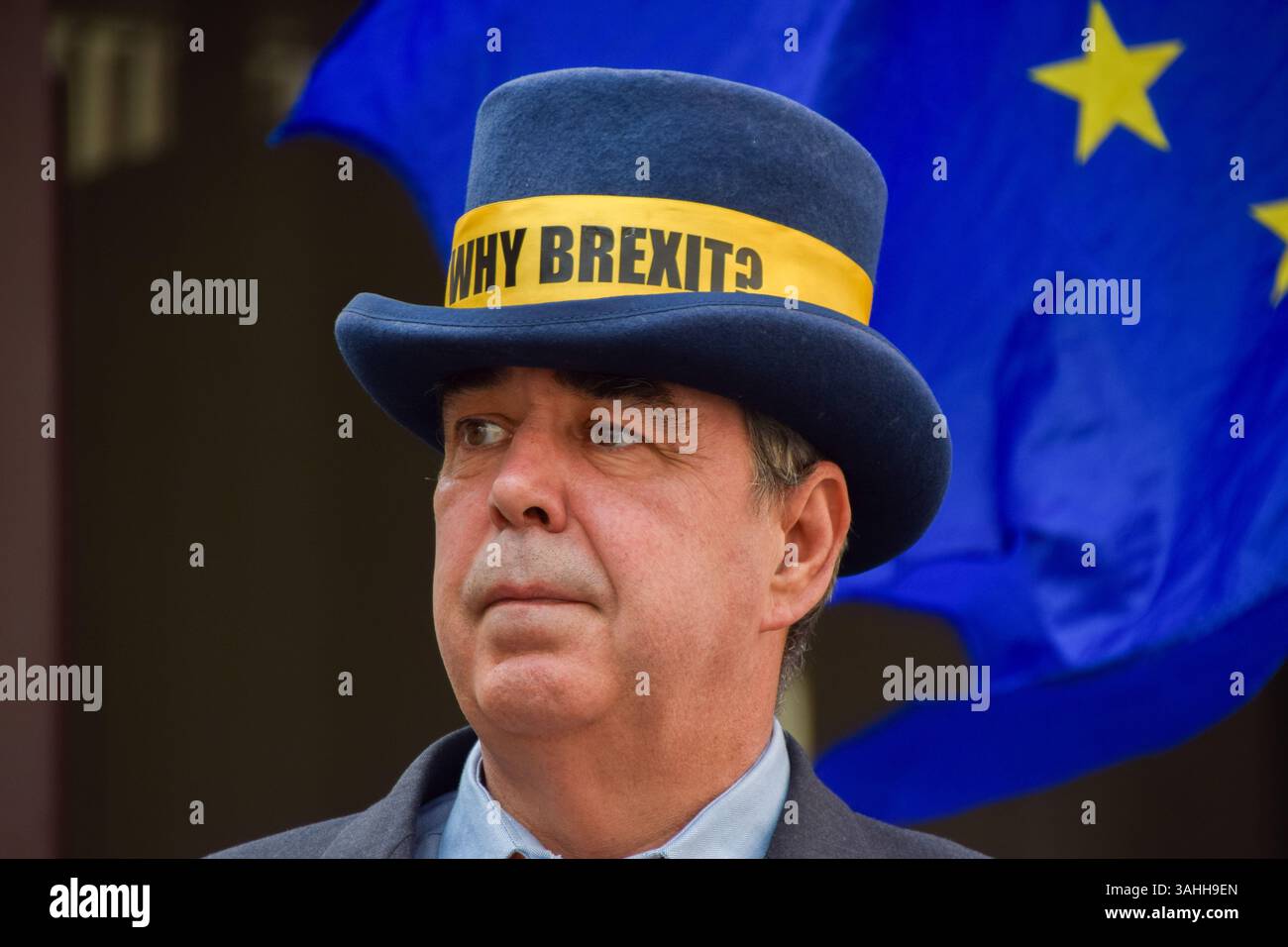 London, UK. 10th April 2025. Anti-Brexit activist Steve Bray stands ...