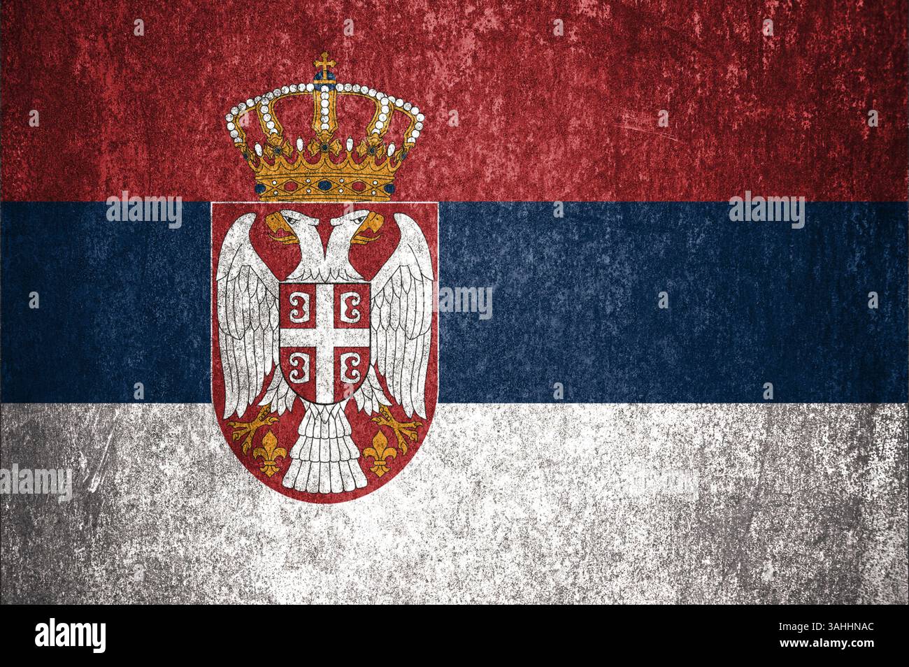Serbia State Flag. Dirty Serbia flag on metal surface. Metal texture ...