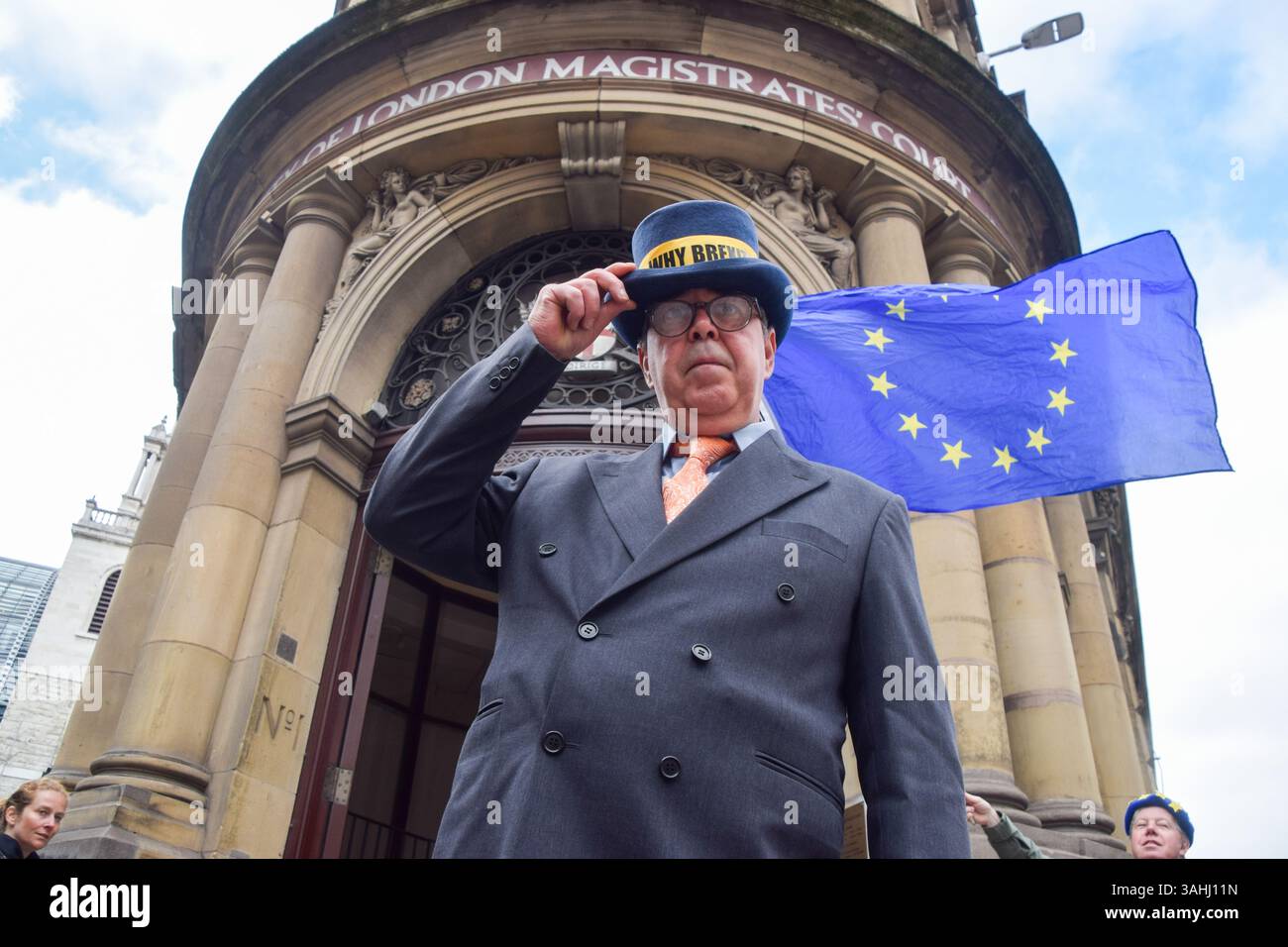 London, UK. 10th April 2025. Anti-Brexit activist Steve Bray stands ...