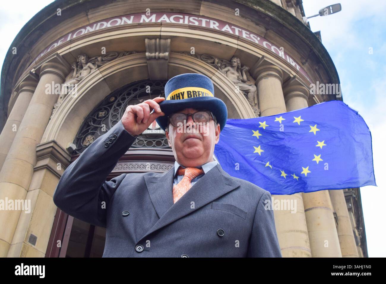 London, UK. 10th April 2025. Anti-Brexit activist Steve Bray stands ...