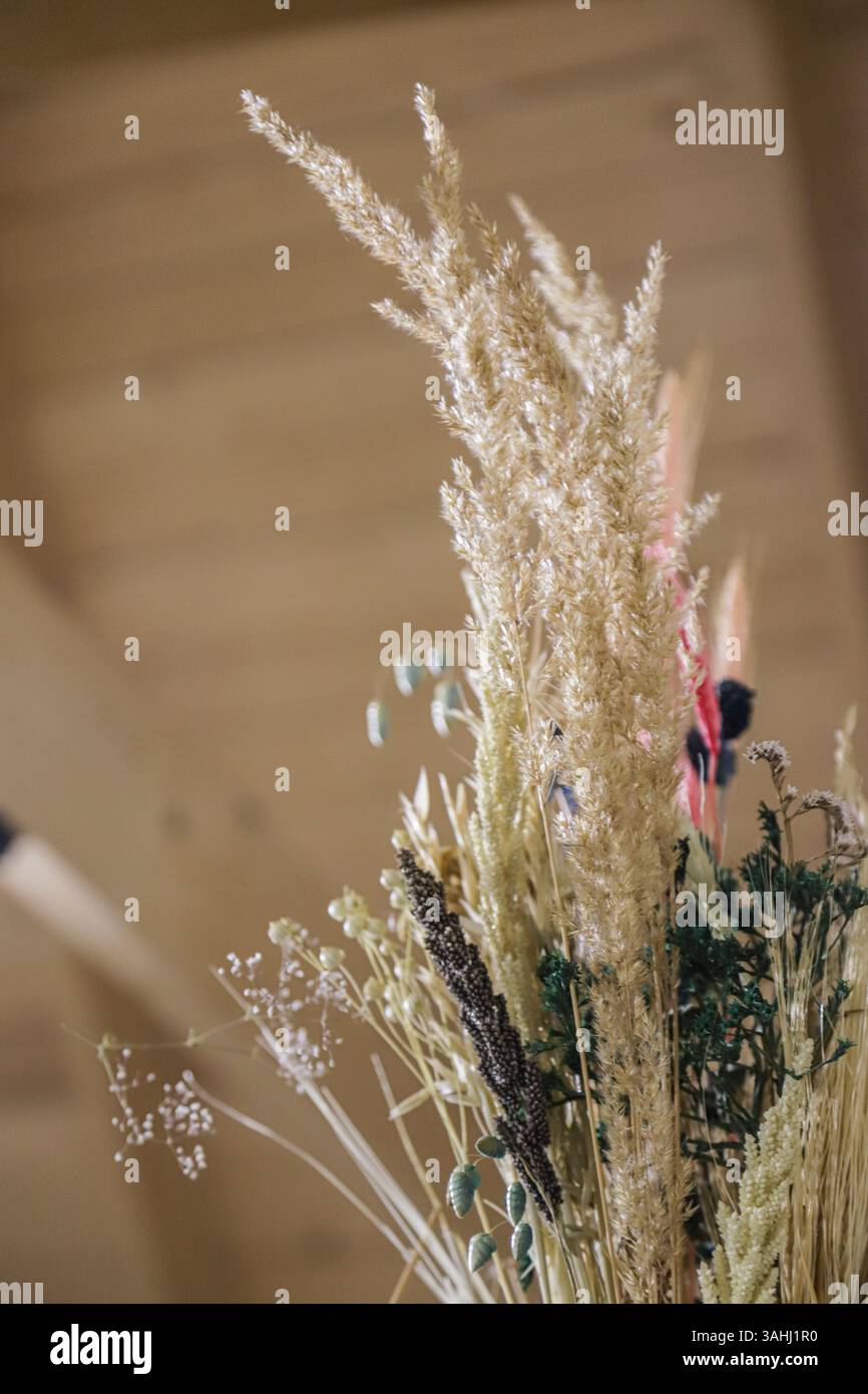 A decorative arrangement highlights dried grasses and flowers in a cozy ...