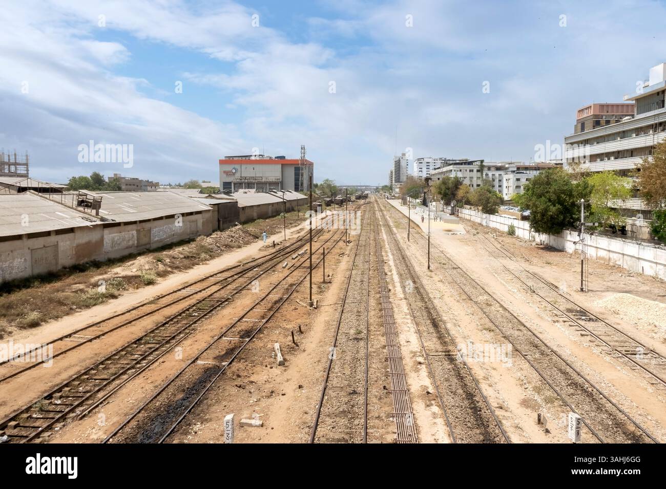 The birds eye view of city railway station train tracks on I I ...