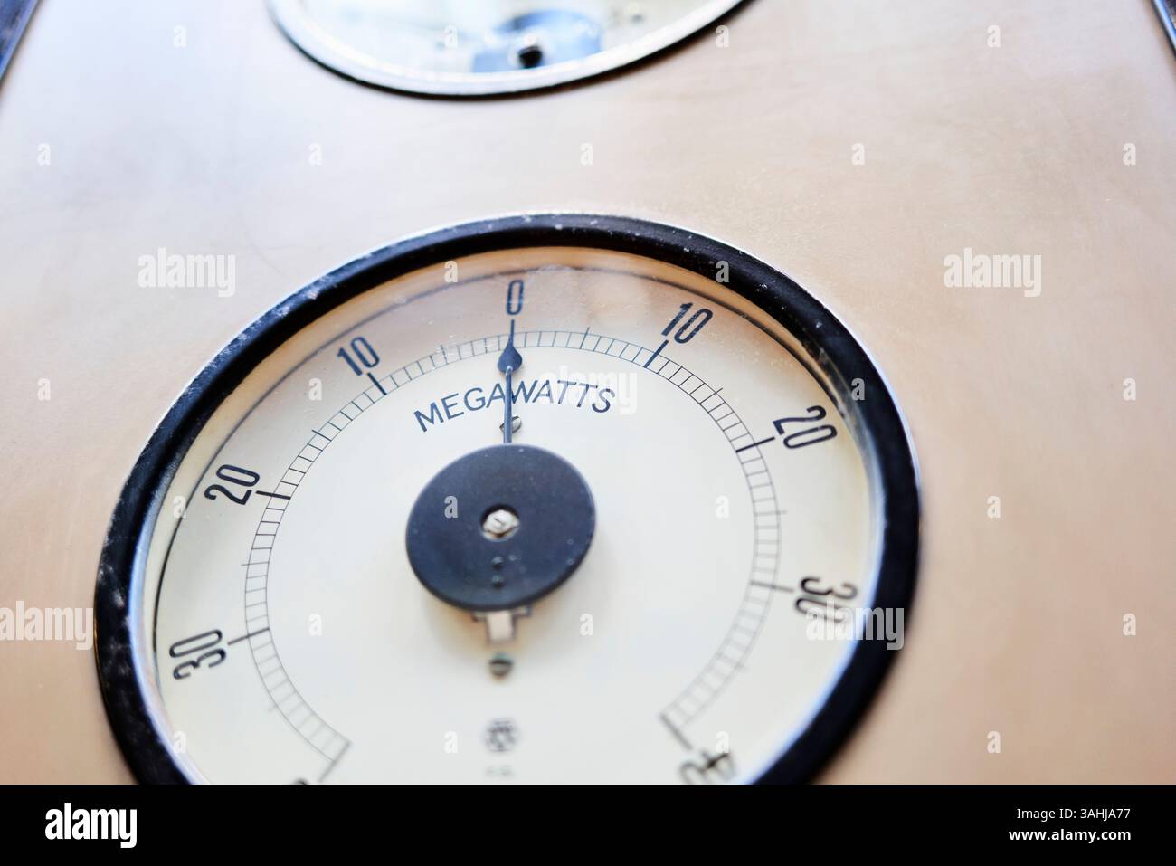 Close-up of an analog megawatt meter with a circular dial and black ...