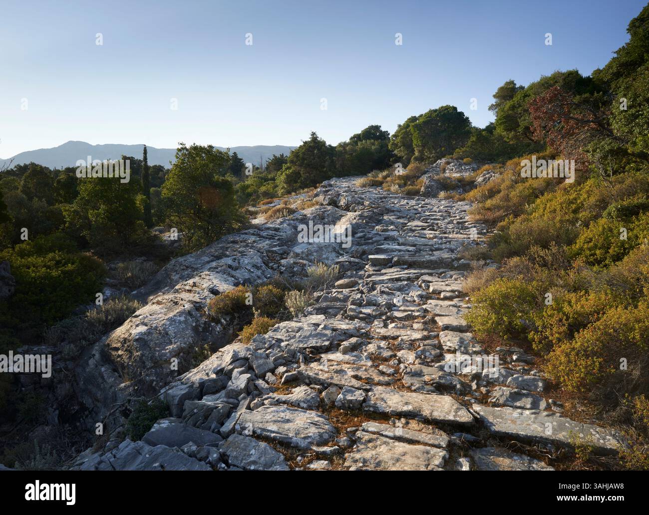 Ancient stone pathway winding through a rocky landscape under a clear ...