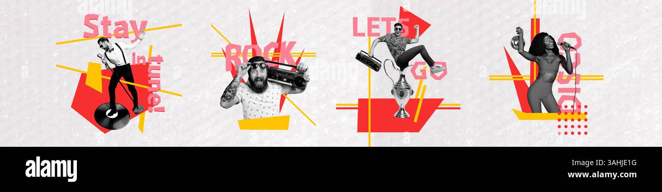 Stylish collage of modern vibrant artistic designs featuring people in ...