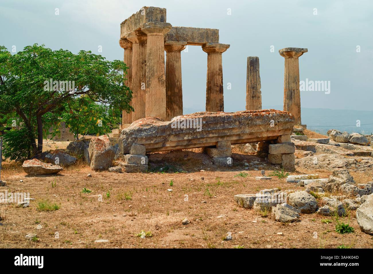 Ancient stone temple ruins with columns and a nearby tree under a ...