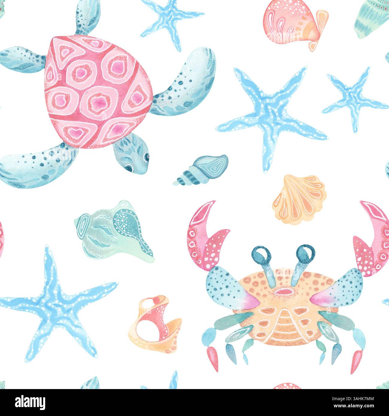 Watercolor sea life seamless pattern. Cartoon illustration. Turtle ...