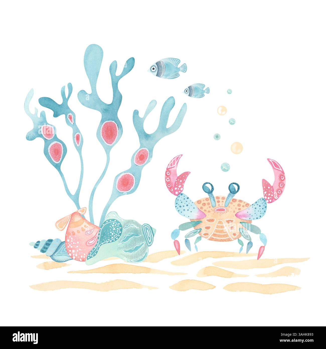 Underwater crab scene with shells and seaweed. Cartoon-style watercolor ...