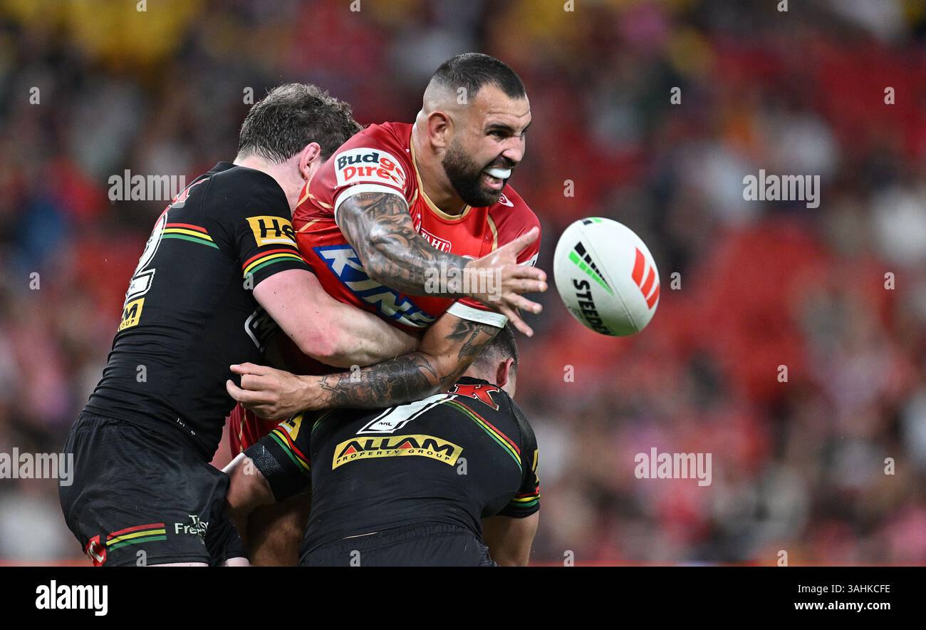 Brisbane, Australia. 10th Apr, 2025. John Kerr of the Dolphins off ...