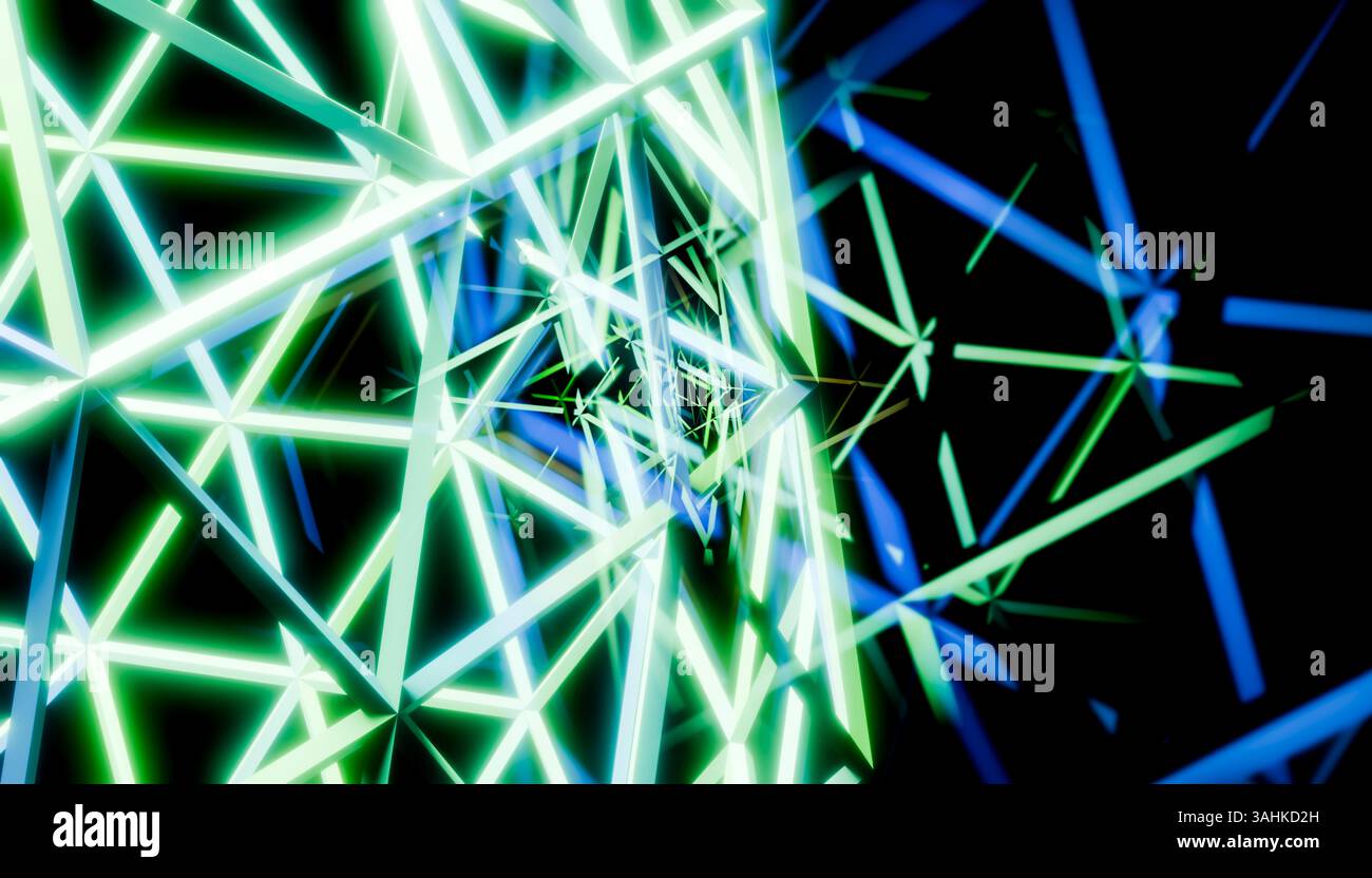 Neon green and blue abstract geometric shapes form a tunnel on a black ...
