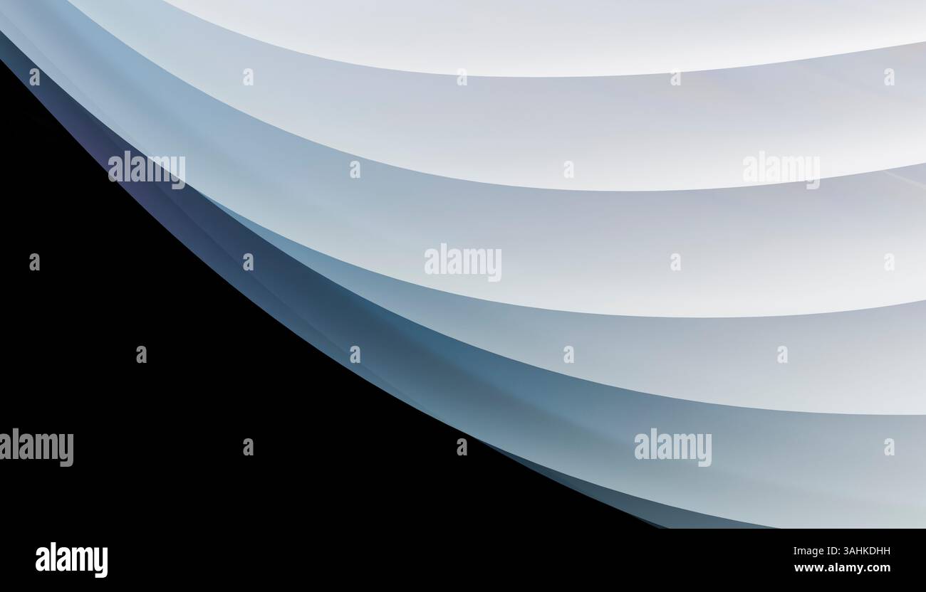 Abstract wavy white and gray layers over a black background in a ...