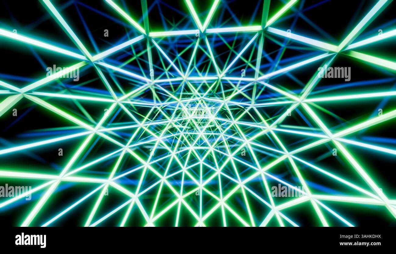 Neon green and blue geometric tunnel with intersecting glowing lines ...