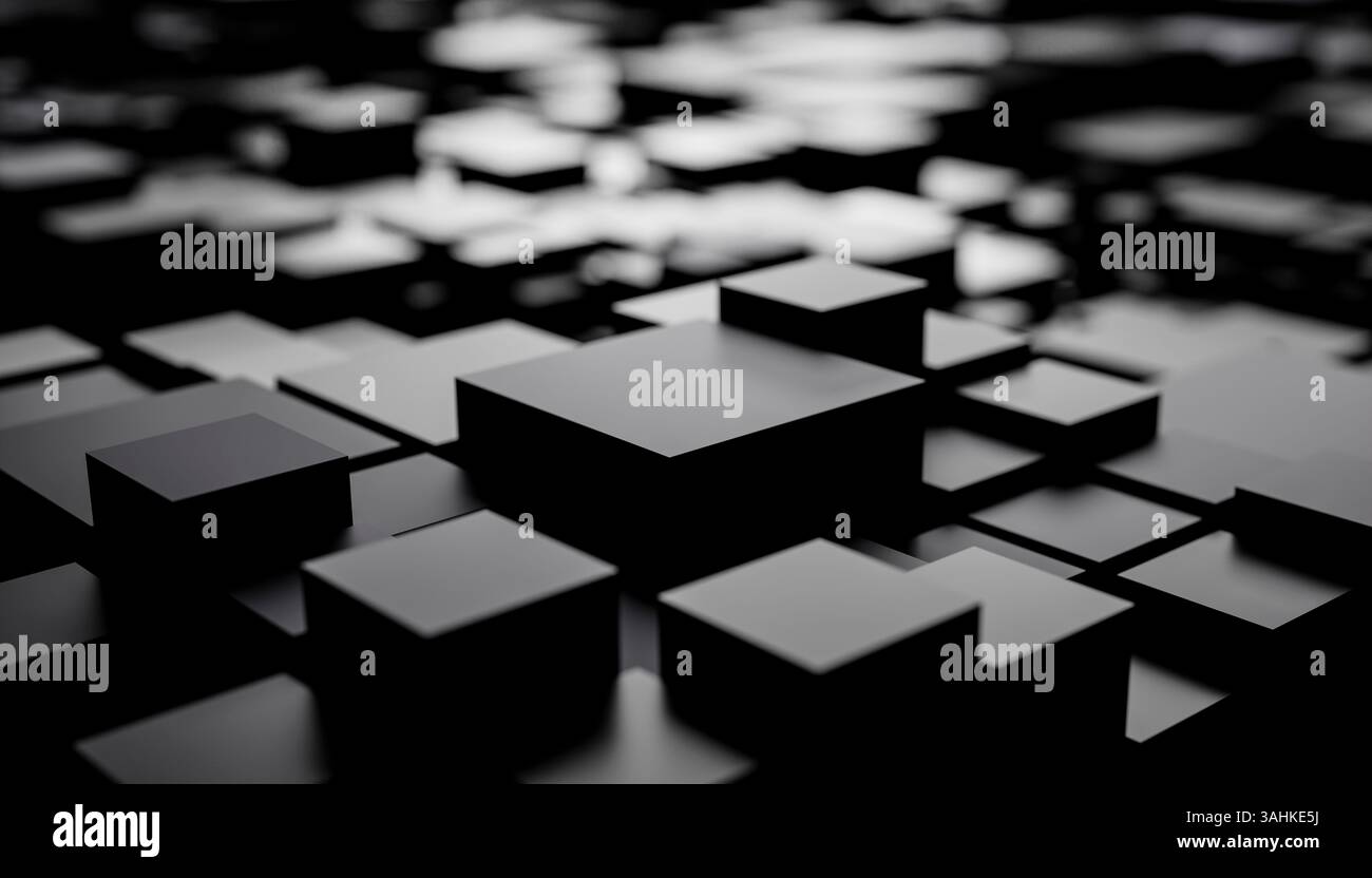 Abstract 3D render of floating black cubes on a dark background ...