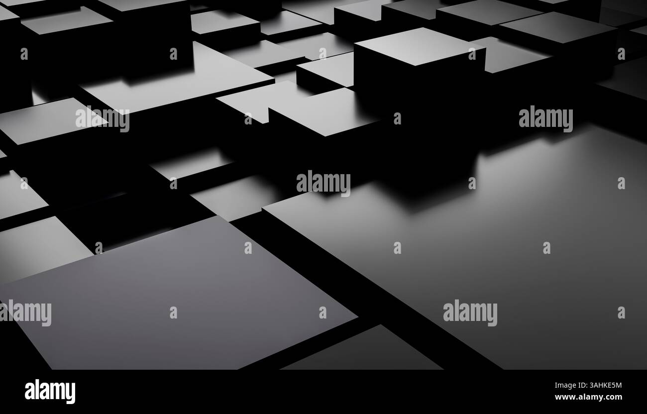 Abstract geometric pattern with black overlapping squares creating depth and shadow. Blender 3D ...