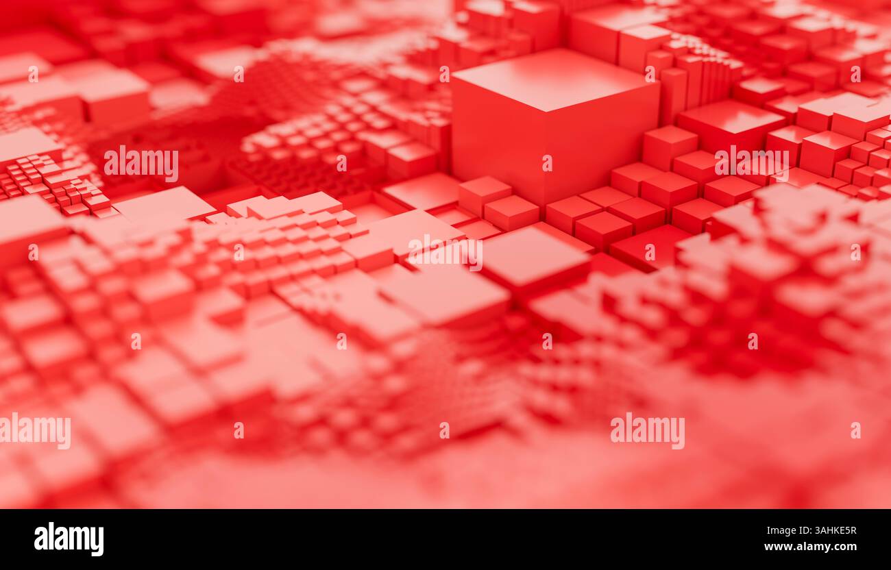 Abstract red 3D blocks of various sizes creating a digital terrain landscape. Blender 3D ...