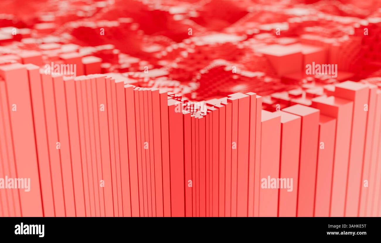 Abstract 3D red block pattern creating a dynamic, geometric landscape ...