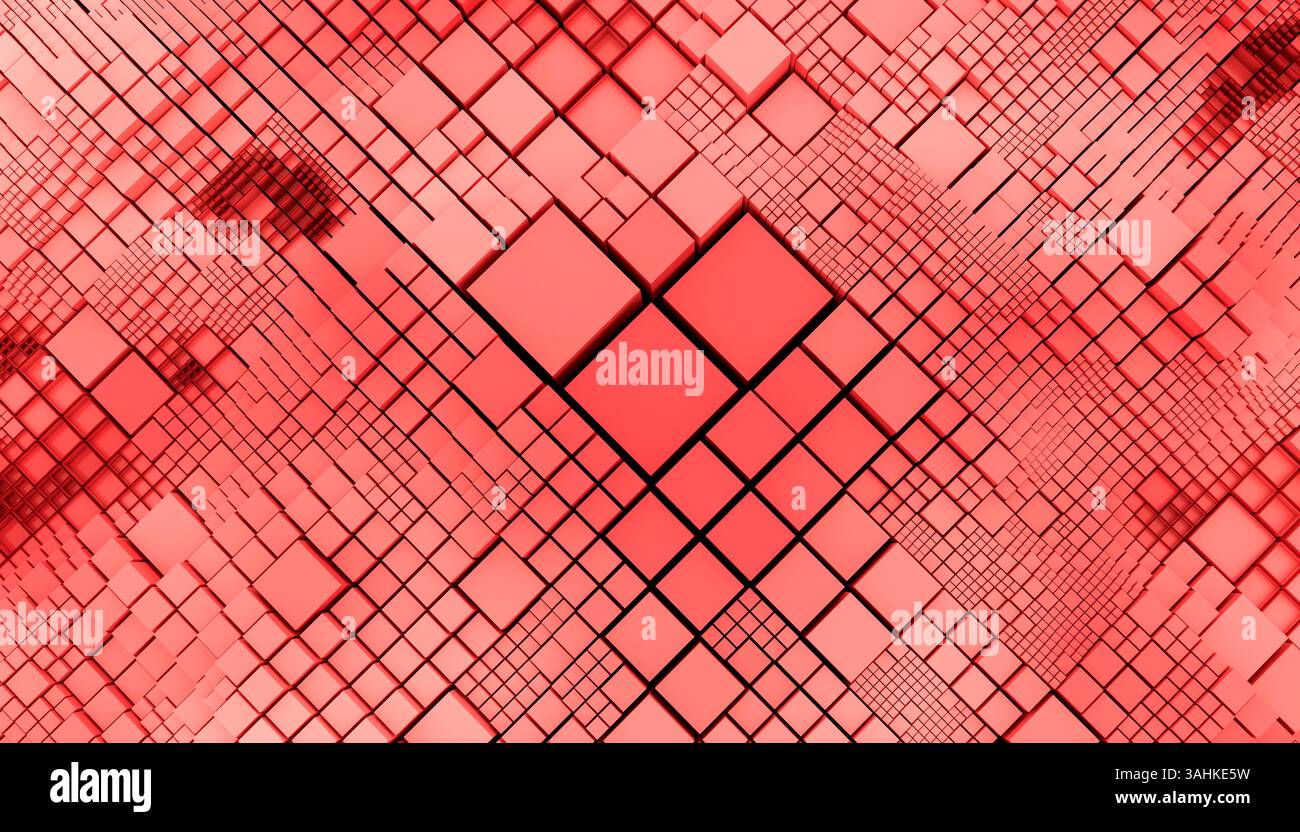 Abstract red geometric pattern with 3D cubes and squares creating a dynamic layered effect ...