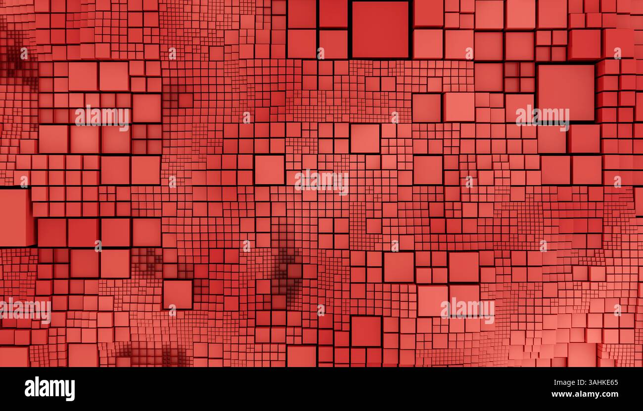 Abstract red mosaic pattern with varied square sizes on a textured ...