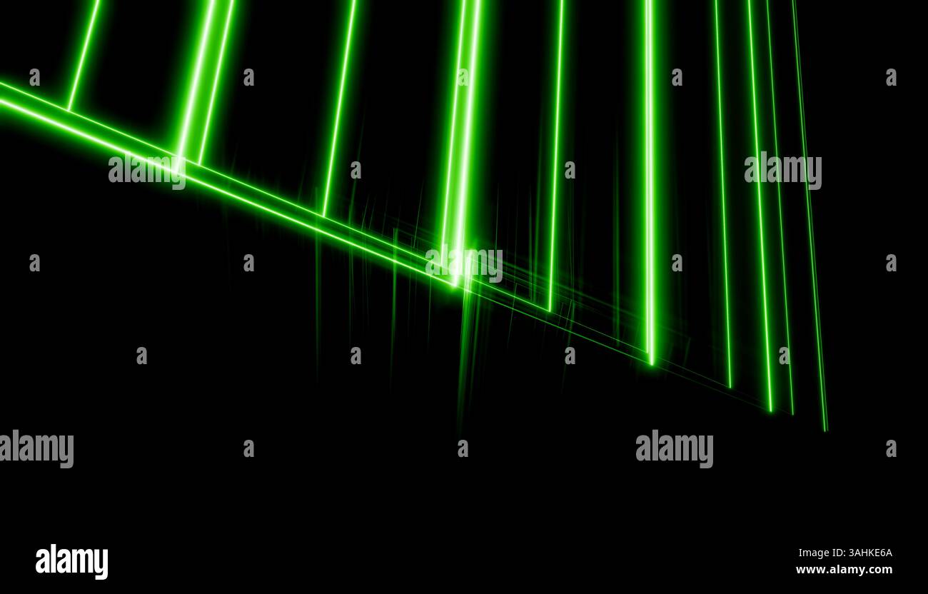 Bright green laser beams crossing against a black background with a ...