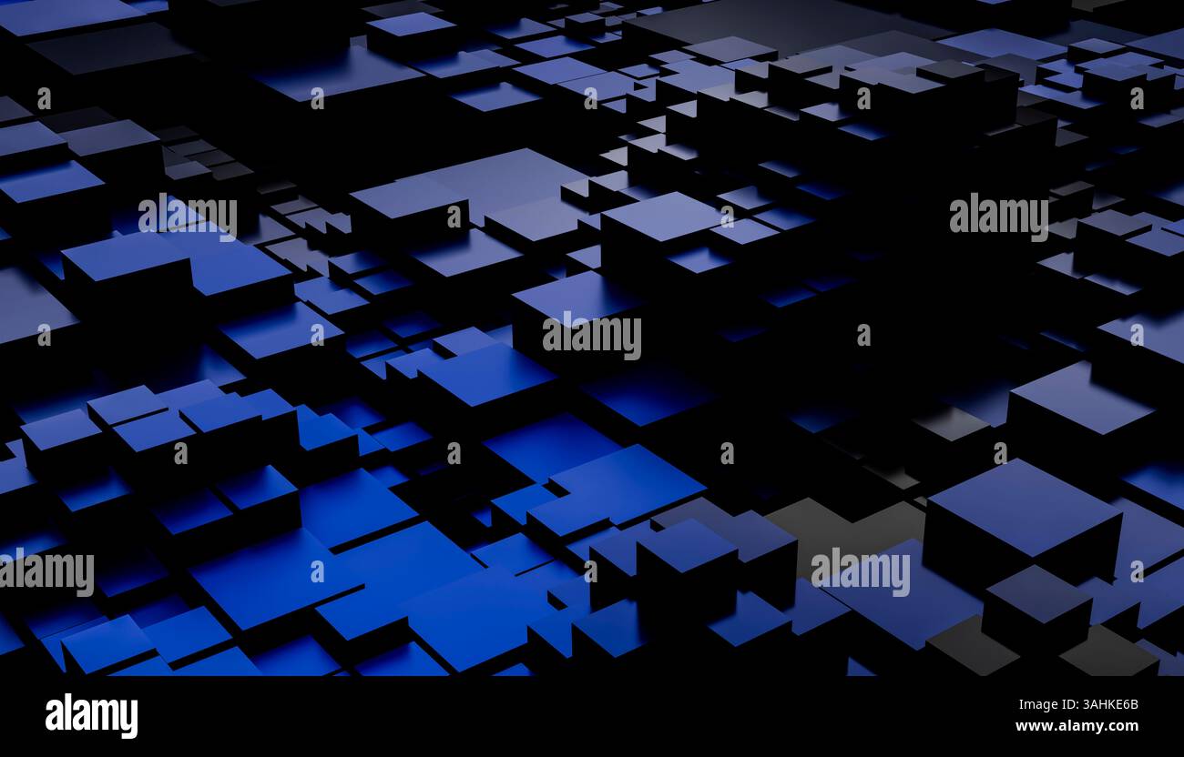 Abstract dark blue and black 3D geometric shapes overlapping dynamically in a modern design ...