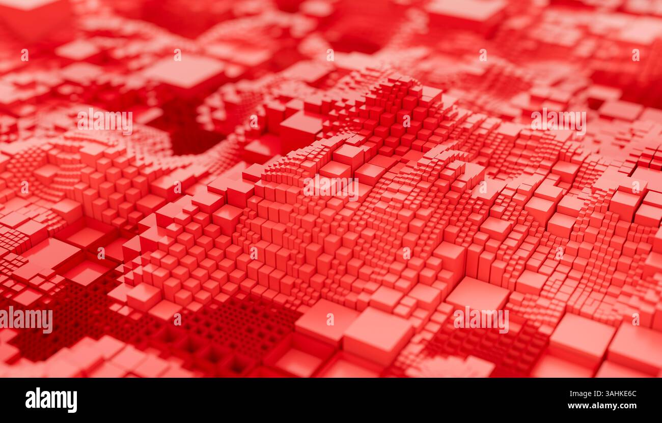 Abstract 3D landscape with red geometric cubes and intricate patterns ...