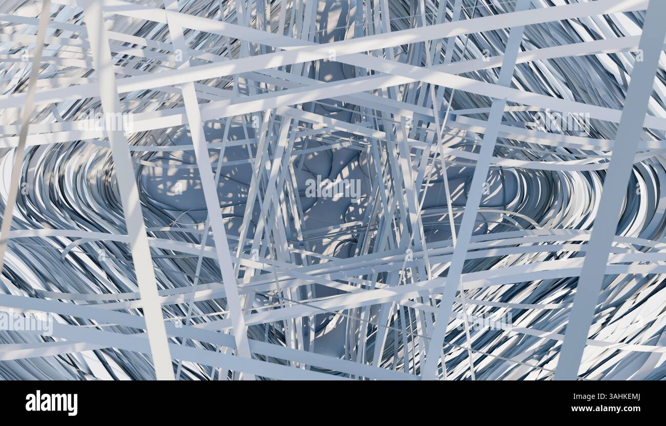 Abstract pattern of interwoven white and blue lines creating a geometric optical illusion ...