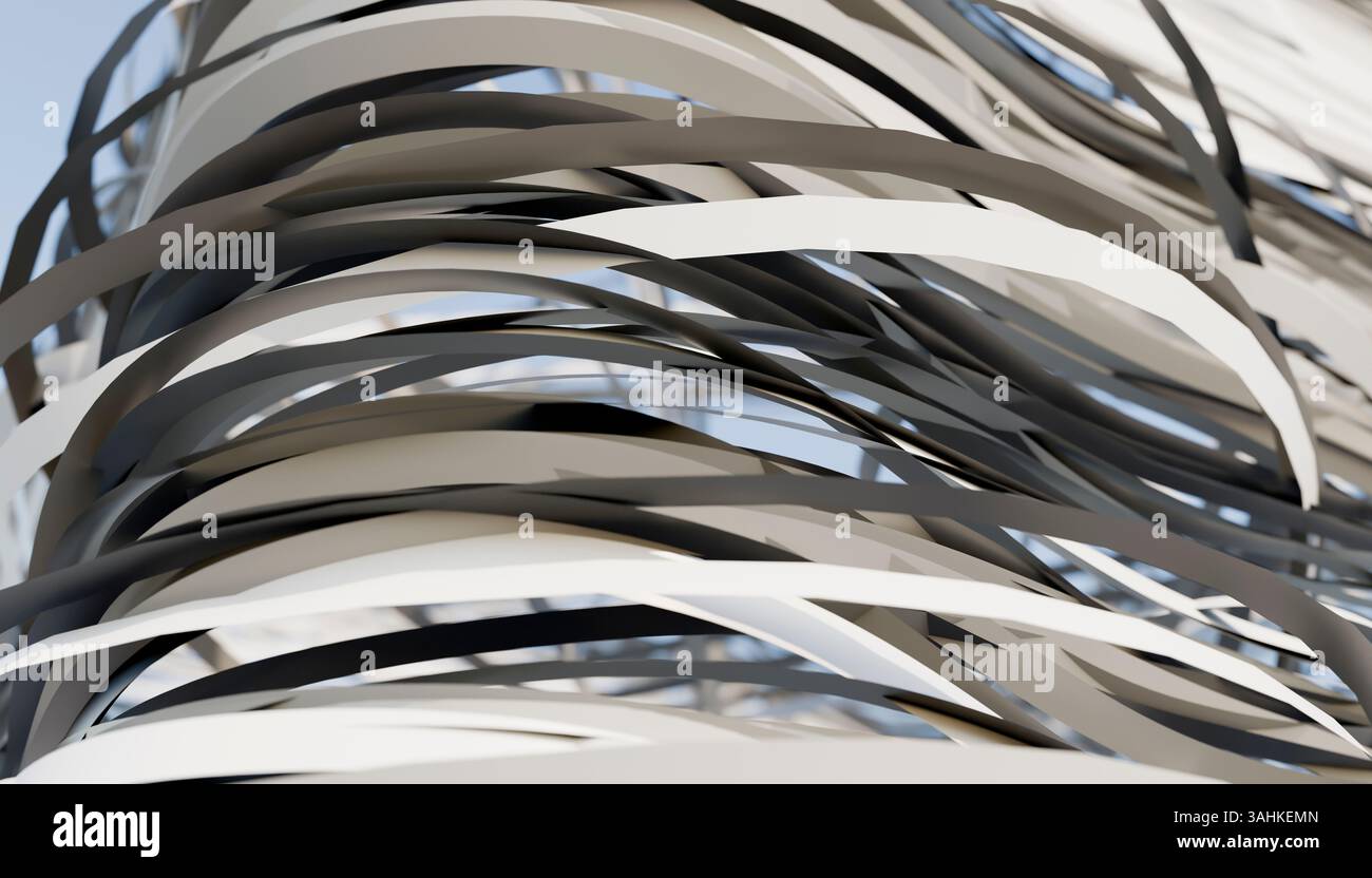 Abstract close-up of intertwined black and white ribbons creating a ...