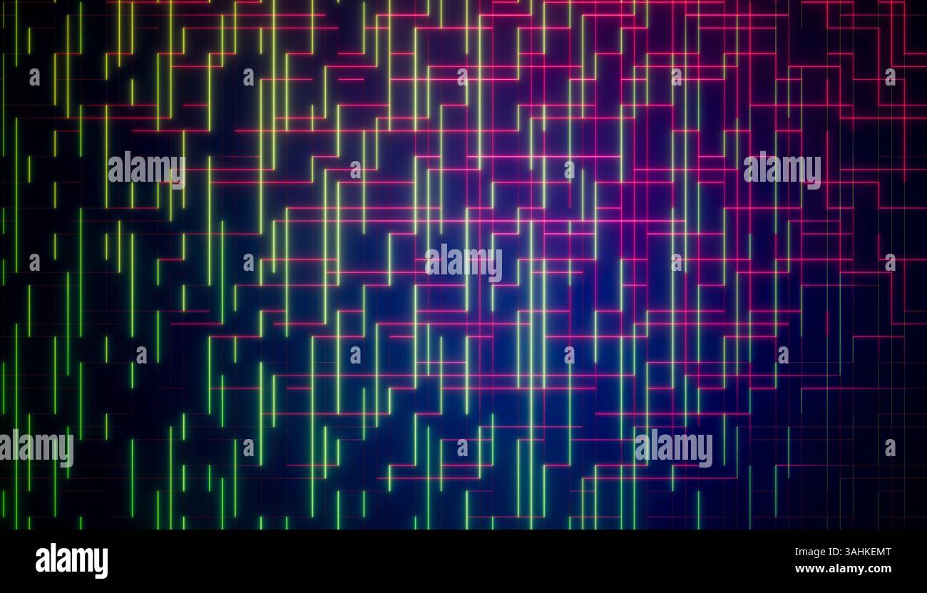 Colorful neon lines and grids forming abstract digital matrix on a dark ...