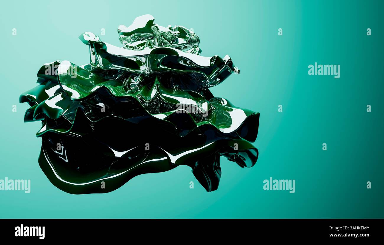 Shiny abstract metallic form with intricate folds on a teal gradient ...