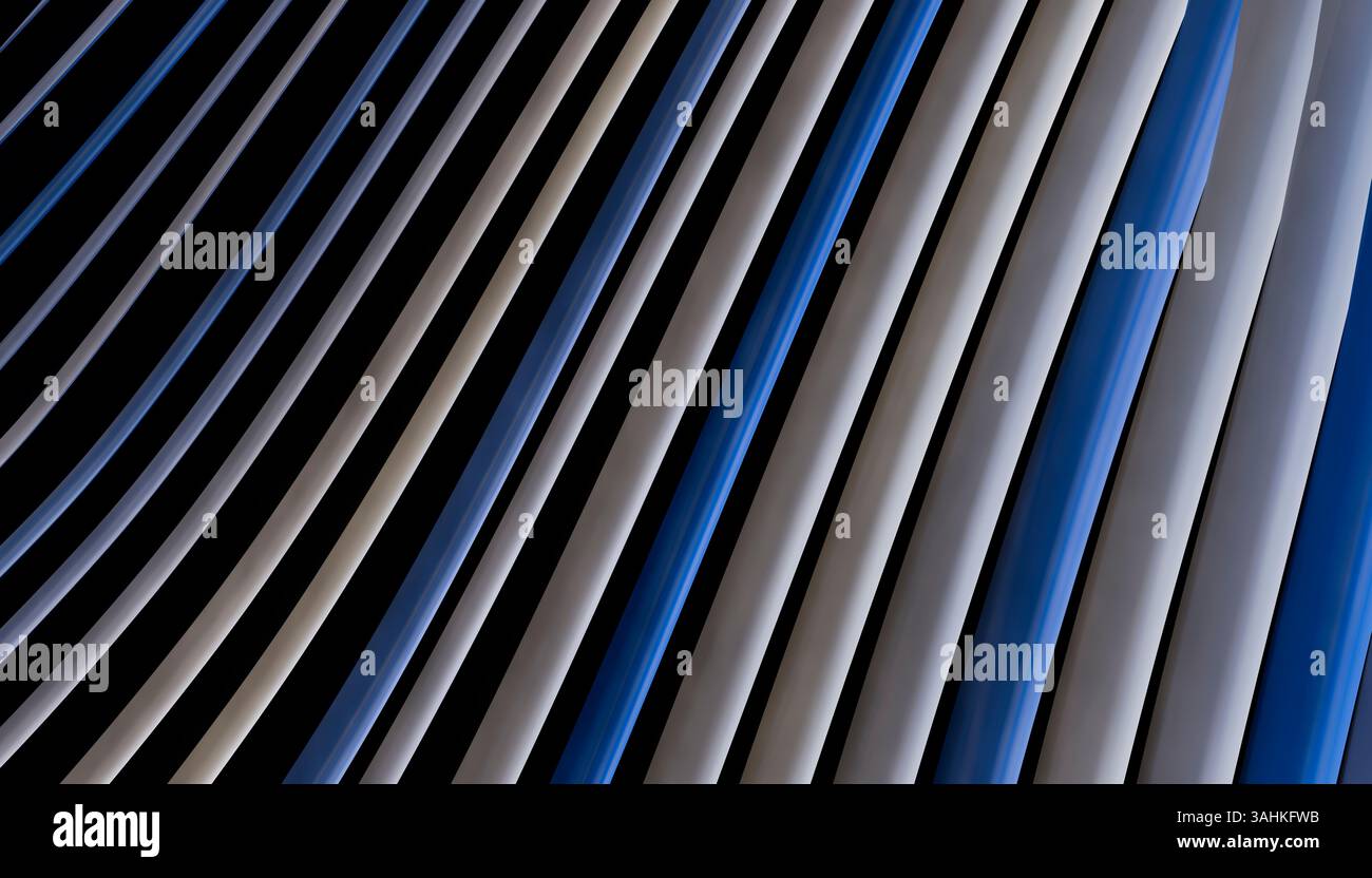 Abstract pattern of blue and beige curved lines on a dark background ...