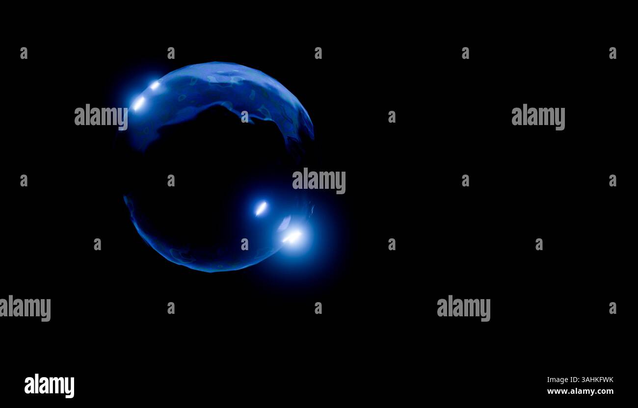A glowing blue bubble with bright reflections on a black background ...