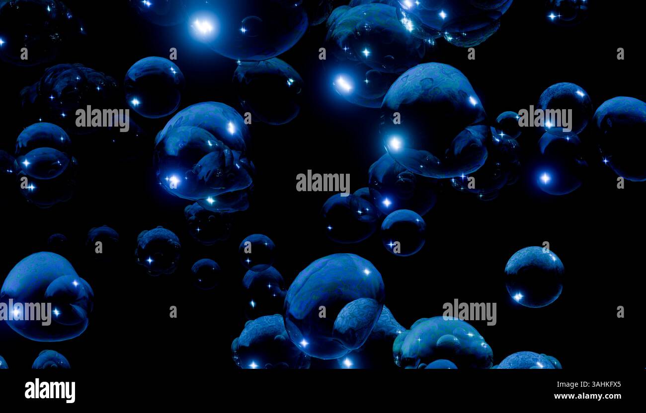 Glowing blue bubbles float against a dark background, creating a ...