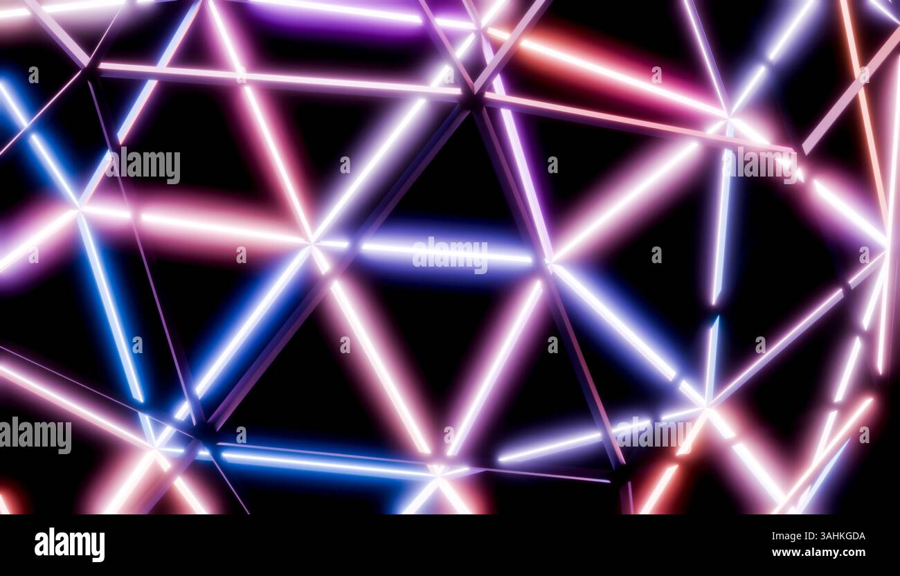 Geometric pattern of intersecting glowing neon light tubes in vibrant ...