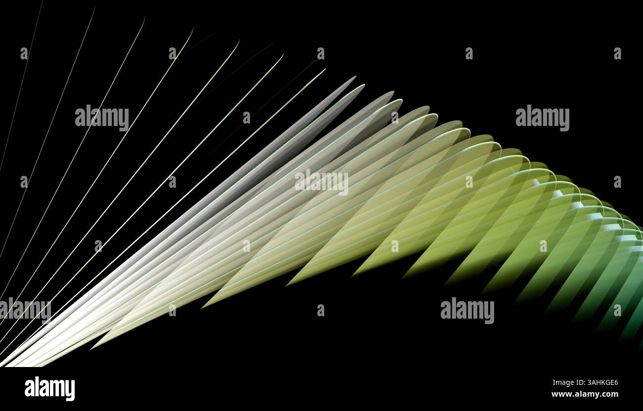 Abstract green and white layered fan-shaped design on a black ...