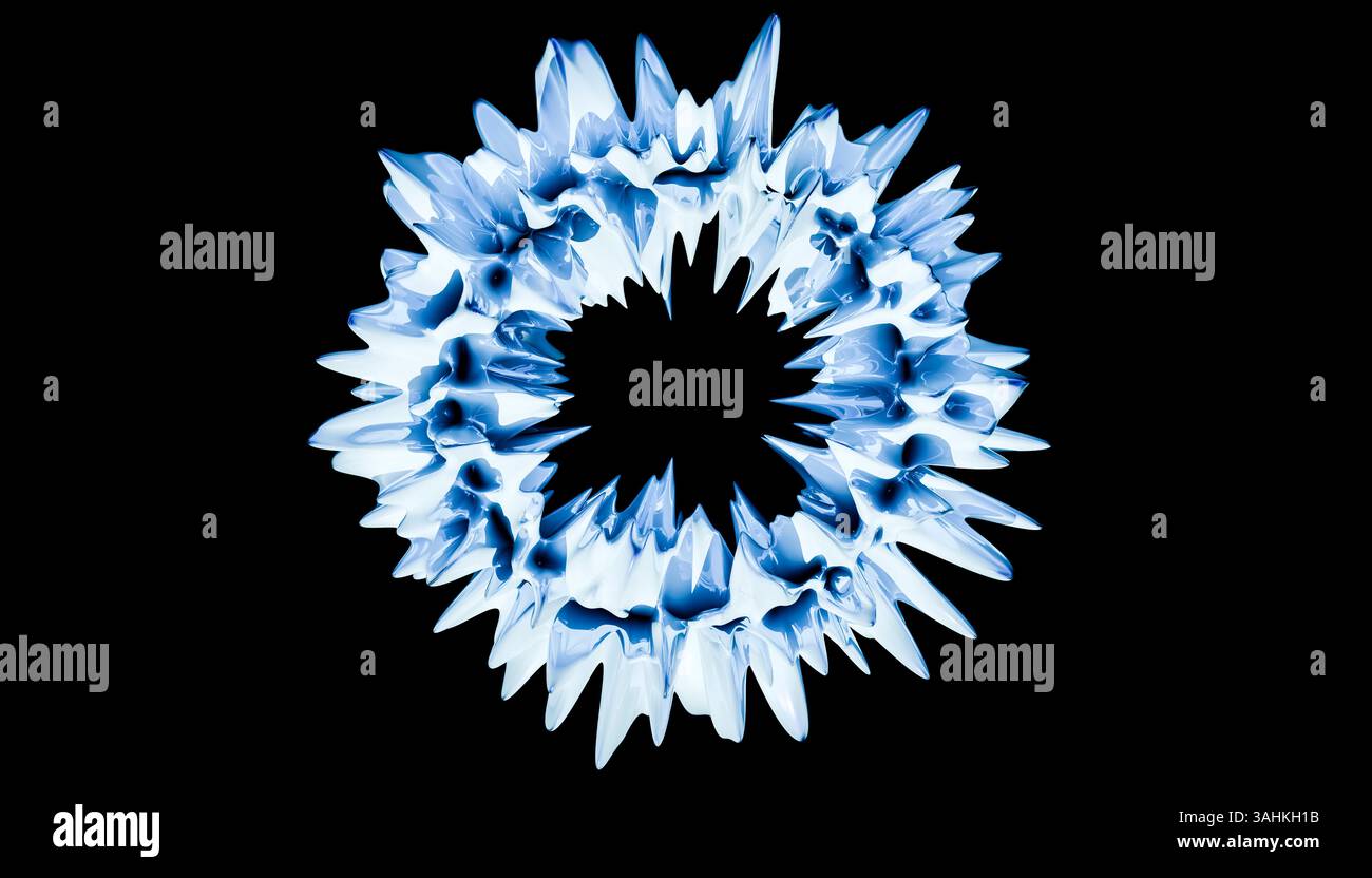 Abstract circular blue and white spiky shape on black background ...