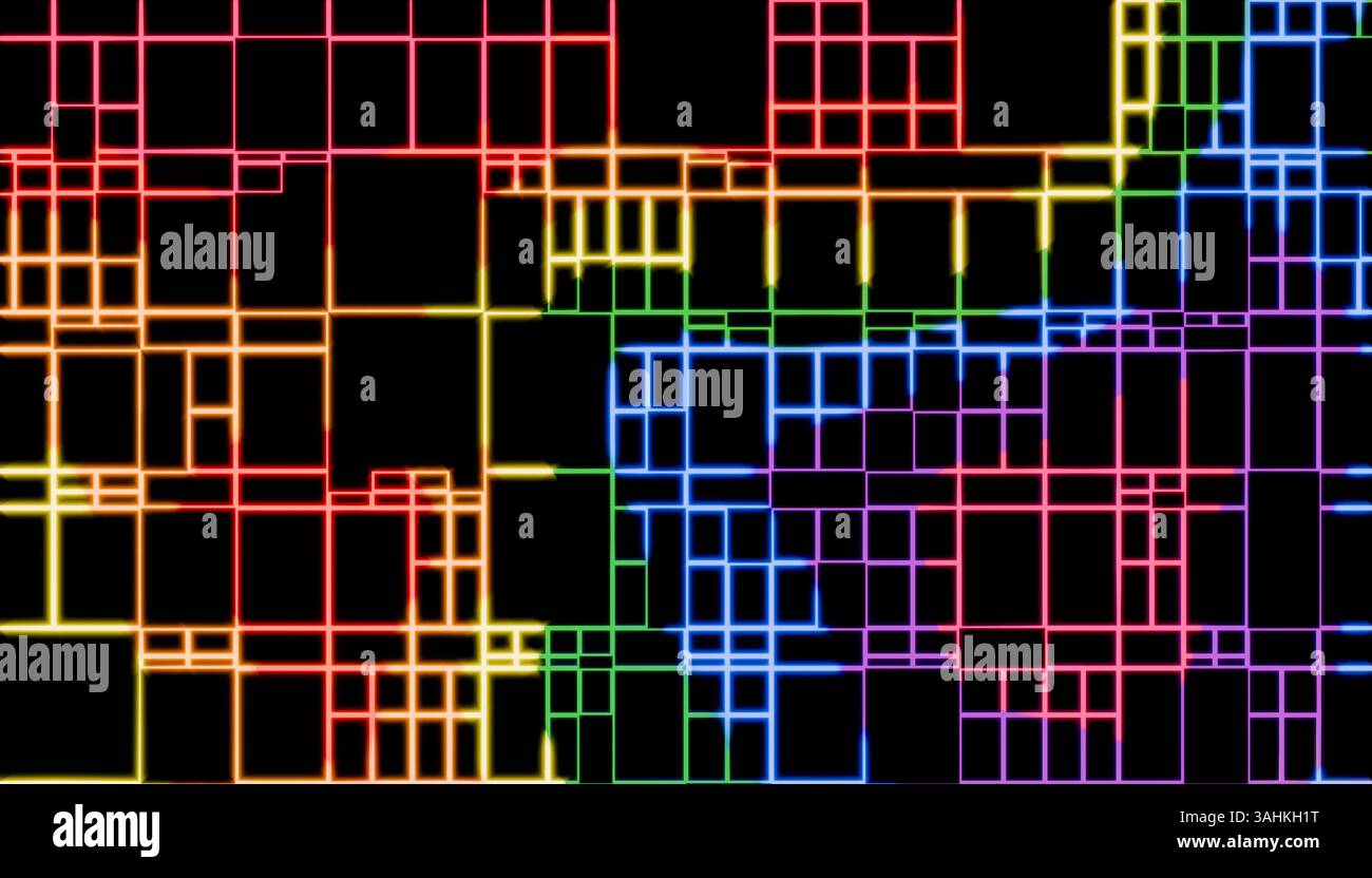 Colorful grid of intersecting neon lines on a black background forming geometric patterns ...