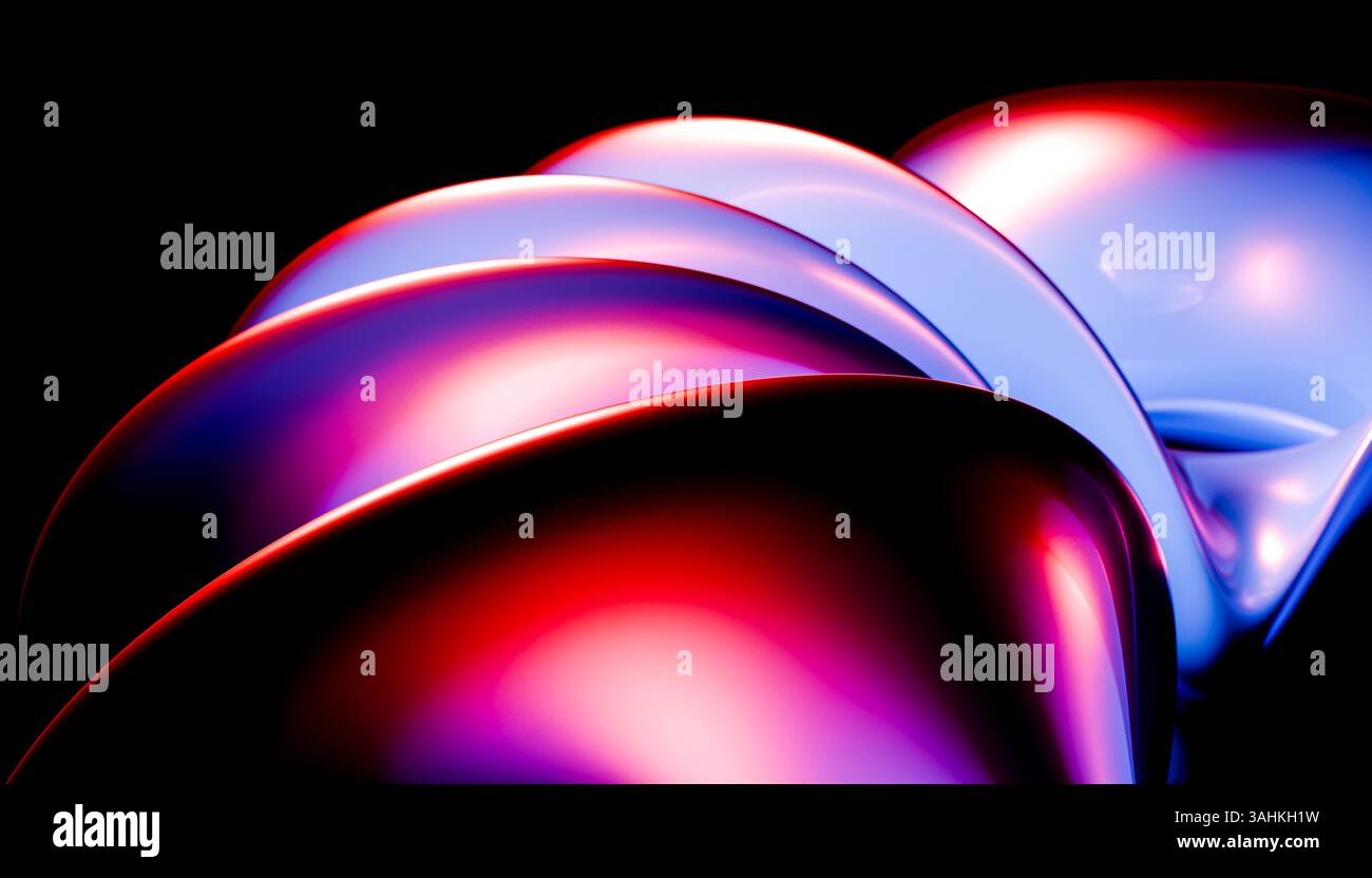 Abstract metallic shapes with vibrant red, purple, and blue reflections ...
